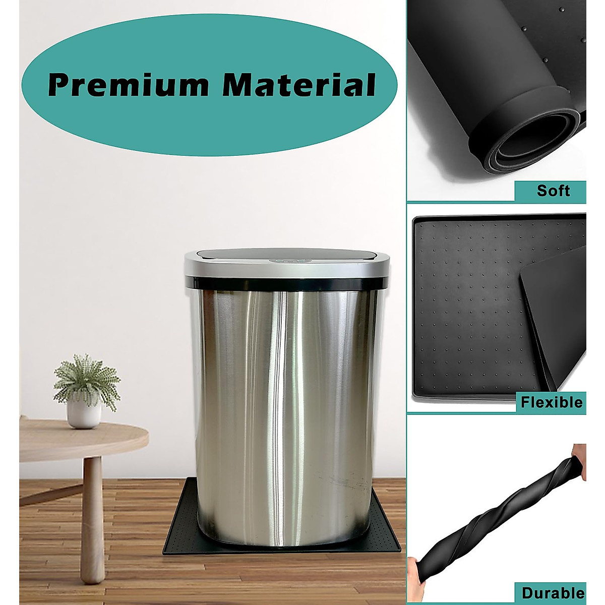 Luccov Trash Can Mat, Waterproof Raised Edge Silicone Under Garbage Can Mat, 11.8" X18.9" Non-Slip Trash Can Pad for Kitchen Office Bedroom Reduce Floor Carpet Wall Scratches, Black