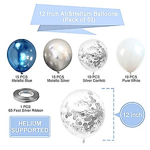 Metallic Blue and Silver Confetti Latex Balloons, Nesus 50 pcs 12 inch White and Metallic Silver Glitter Birthday Party Balloons with 65 Feet Silver Ribbon for Baby Shower Wedding Decorations