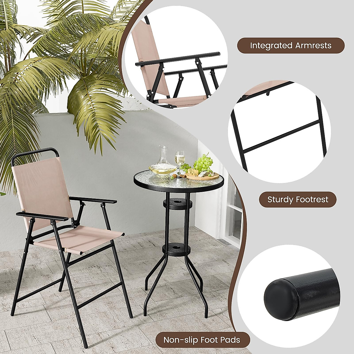 Giantex 3 PCS Outdoor Bistro Set, Patio Bar Table with 2 Folding Chairs, Round Bar Table with Tempered Glass Top & 1.6" Umbrella Hole, Easy Assembly, for Patio, Poolside, Yard, Beige