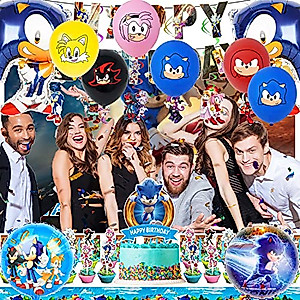 Sonic Birthday Party Supplies, Birthday Party Decorations Including Banners, Foil Balloons, Latex Balloons, Cake Toppers, Plates, Tableware, Backdrop and Tablecloth