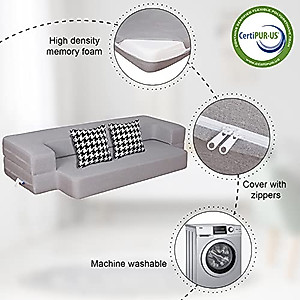 HonTop Folding Sofa Couch Bed 75" W x 30" D x 20" H with 2 Pillows Modern Futon Sofa Bed Memory Foam Sleeper Chair Bed for Guest Bed Mattress, Twin Size, Light Grey