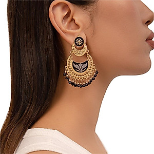 Kenjudess Vintage Turquoise Beaded Tassel Chandelier Earrings Retro Gold Ethnic Long Moon Drop Dangle Hook Earrings Exotic Indian Belly Dance Accessories for Women (Black B)