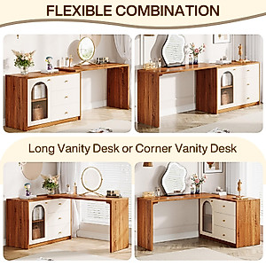 Tribesigns Modern Makeup Vanity, Retractable Large Vanity Desk with 3 Drawers and Cabinet, Makeup Corner Dressing Table for Bedroom, Walnut and White (Without Mirror)