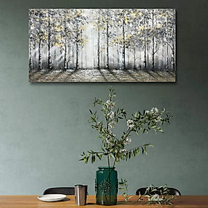 V-inspire art, 24x48 Inch Modern Impressionist Tree art 100% Hand Painted Canvas Wall art Oil Painting Large Paintings Gray Wall Decoration Acrylic Paint Knife Painting