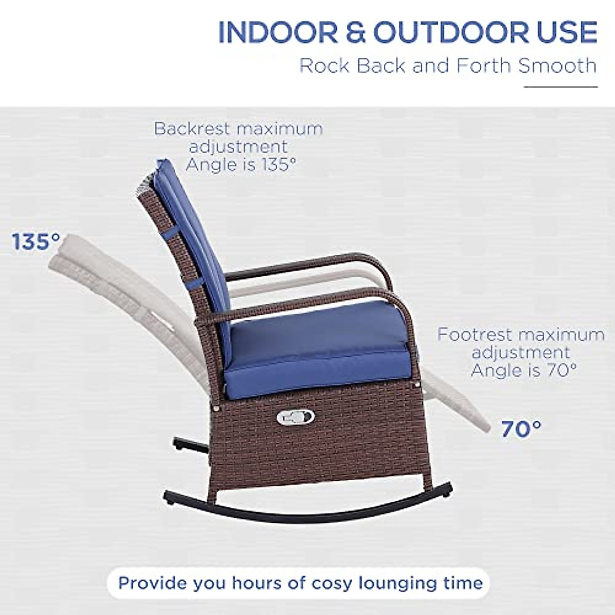 Outsunny Outdoor Rattan Wicker Rocking Chair Patio Recliner with Soft Cushion, Adjustable Footrest, Max. 135 Degree Backrest, Blue