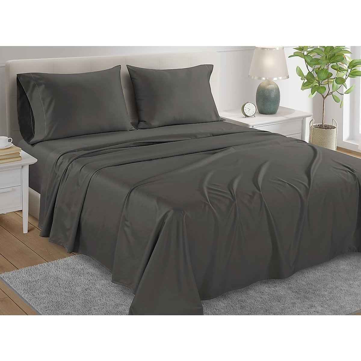 100% Egyption Cotton Cal King Solid Sheet Set & Damask Striped Sheets Set of 2 Combo- 800 Thread Count Sateen Weave Cal KIng Size Solid Sheets & Striped Sheets, Deep Pocket Cotton Bedsheets - Charcoal