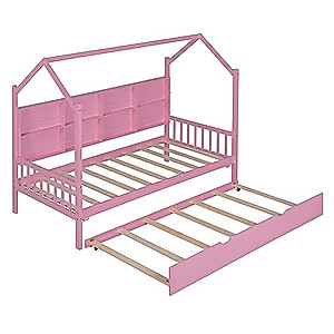 GOWE Wooden Twin Size House Bed with Trundle,Kids Bed with Shelf,Pink