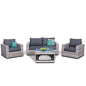 SunHaven Resin Wicker Outdoor Patio Furniture Set - 5 Piece Conversation Sectional Premium All Weather Gray Rattan Wicker, Aluminum Frame with Deluxe Fade Resistant Olefin Cushion (Kensington 5 Pcs)