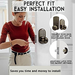 MiLocks TKK-02AQ Digital Door Knob Handle Lock with Electronic Keypad - Keyless Entry Smart Door Lock with Adjustable Latch Locks, Audible Tones for Interior Front Doors & More, Antique Brass