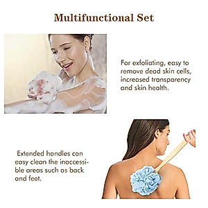 Shower Loofah, Bath Sponge Set Includes 1 Long Handled Back Scrubber & 1 Shower Brush for Women & Men Body, Exfoliating Scrubber Brush for Spa Washing, Blue & Pink