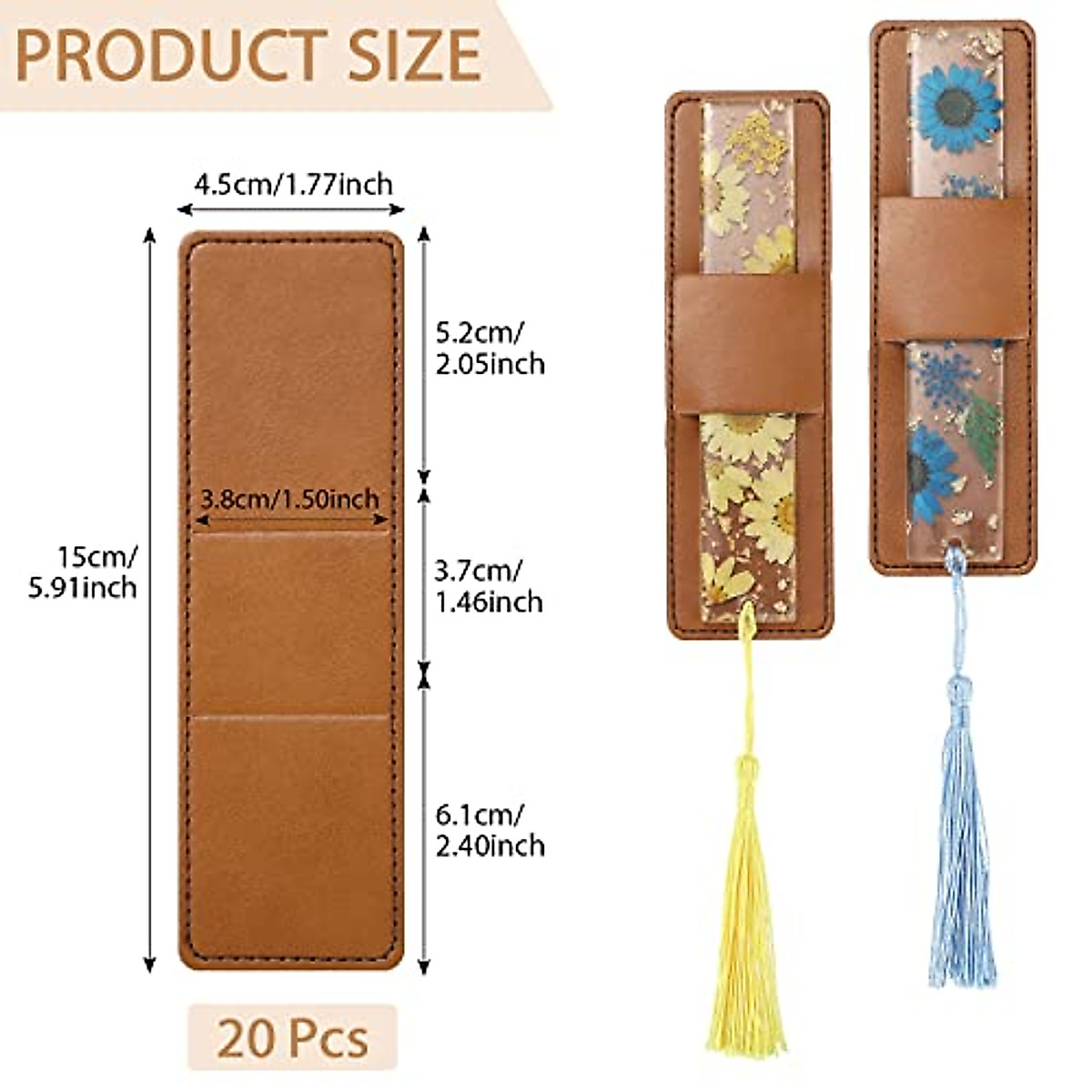 20 Pcs Leather Resin Bookmark Holder 5.9 x 1.8 Inches PU Leather Bookmark Sleeves DIY Leather Bookmarks Blank Display Cards for Bookmark Wrapping Small Business Packaging Supplies Party Favor Gift