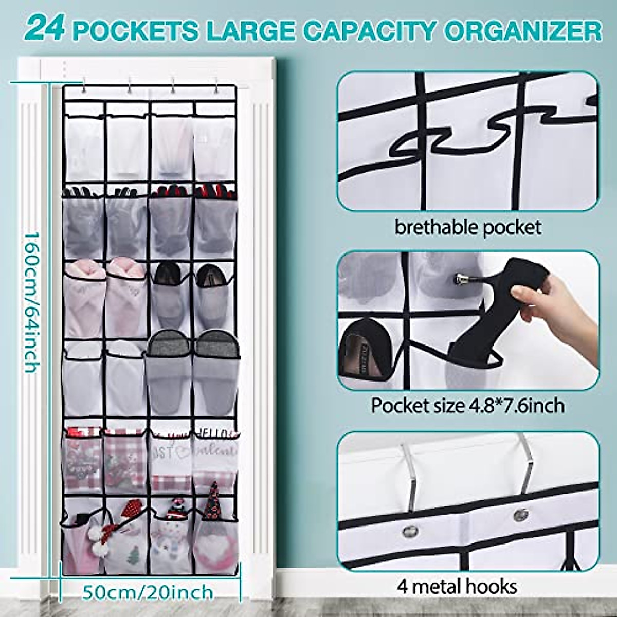 Xuhal 2 Pack over The Door Shoe Organizer Hanging Shoe Organizer with 24 Mesh Large Pockets Door Shoe Rack and 8 Pcs Metal Hooks for Men Women Kids Hanging Door Shoe Holder