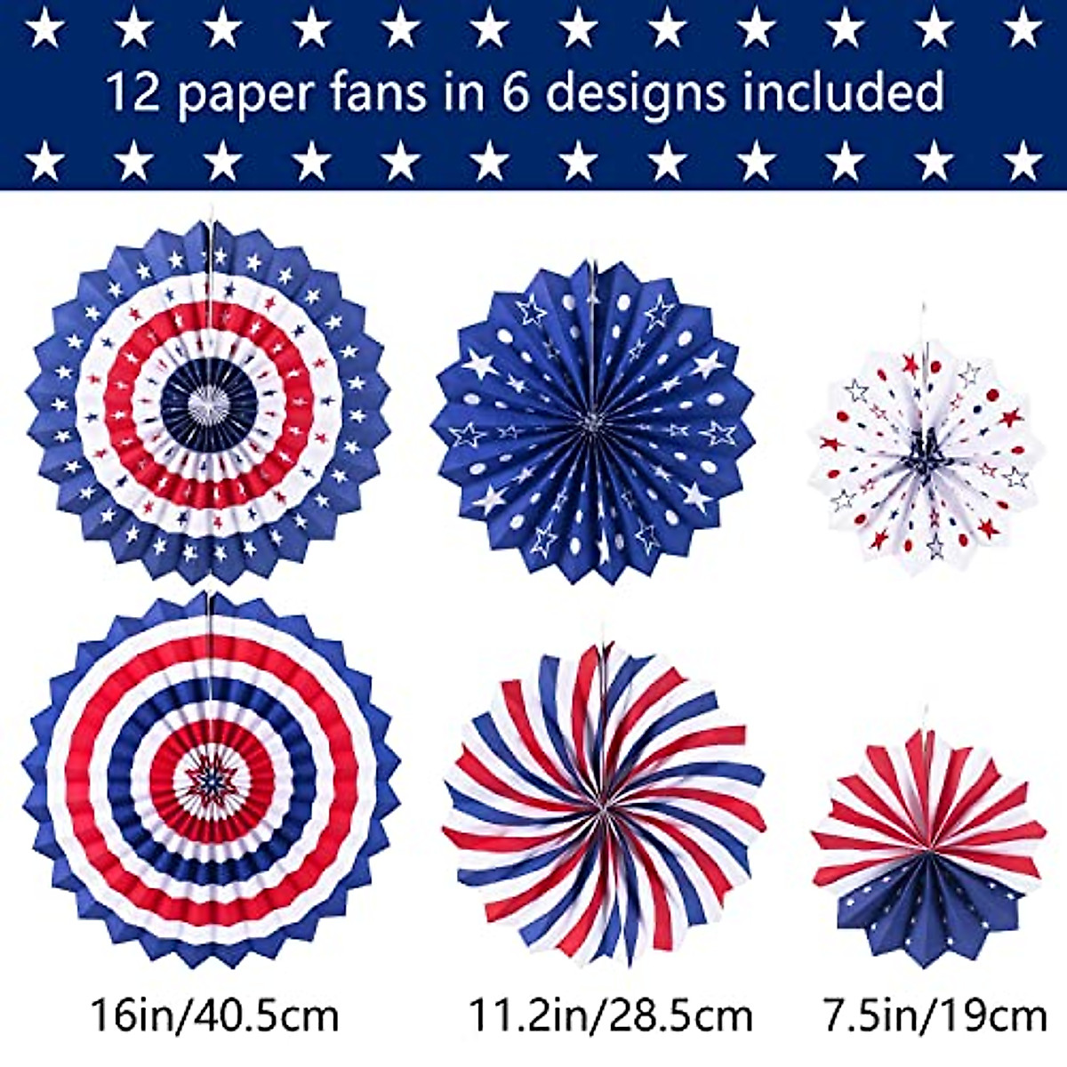 4th of July Patriotic Decorations Red White Blue Hanging Paper Fans for American Fourth of July Memorial Day Independence Day Veterans Day Party Decor Supplies Set of 12