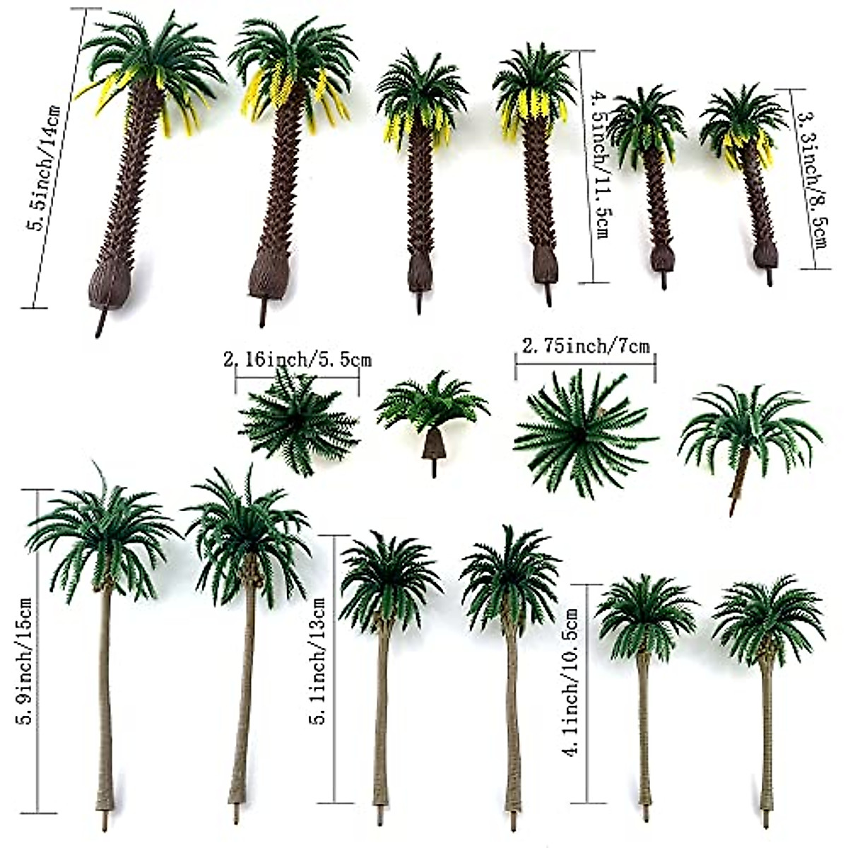 Saktopdeco 16 Pieces Plastic Model Tropical Coconut Palm Tree Cake Topper Diorama Trees for Model Train Railway Fairy Garden
