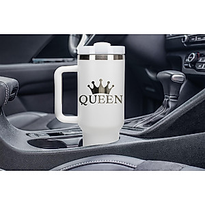 100 North Queen Royal Crown Wrap-Around 40 Oz. Stainless Steel Water Bottle Coffee Mug, Spill & Leak Resistant, Travel Tumbler with Handle, Lid & Straw, White