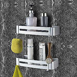 Shower Caddy Basket Shelf with Hooks, 2 Packs Caddy Organizer Wall Mounted Rustproof Basket with Adhesive, No Drilling, Thickened Aluminum, Storage Rack for Bathroom Shower Kitchen (Sliver)