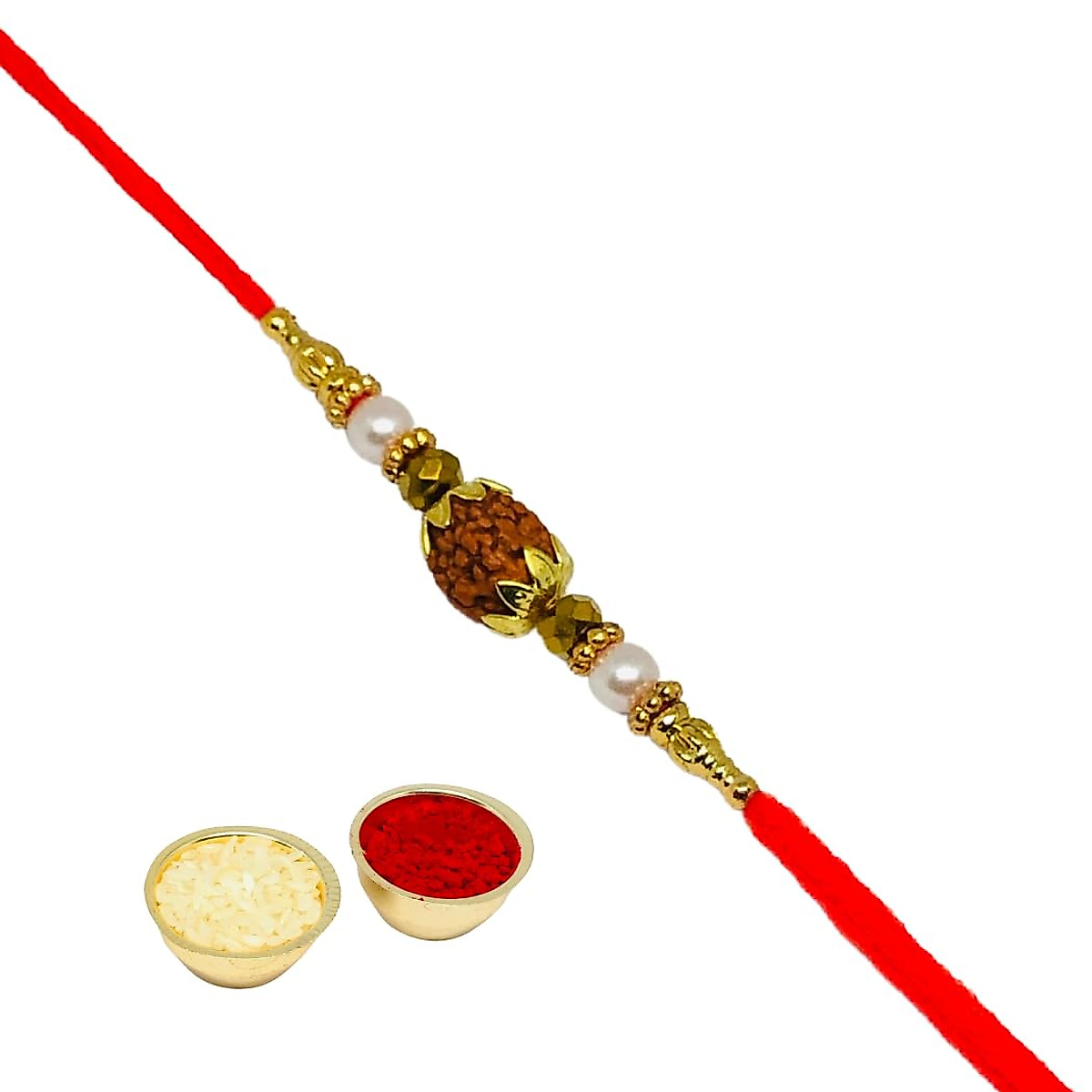 KHANDEKAR Set of 3 Pc Single Rudraksha Rakhi for Brother Bhaiya Bhabhi Traditional Handmade Premium Quality Designer Rakhi Set with Roli Chawal, Rakhi Thread Rakhdi Bracelets
