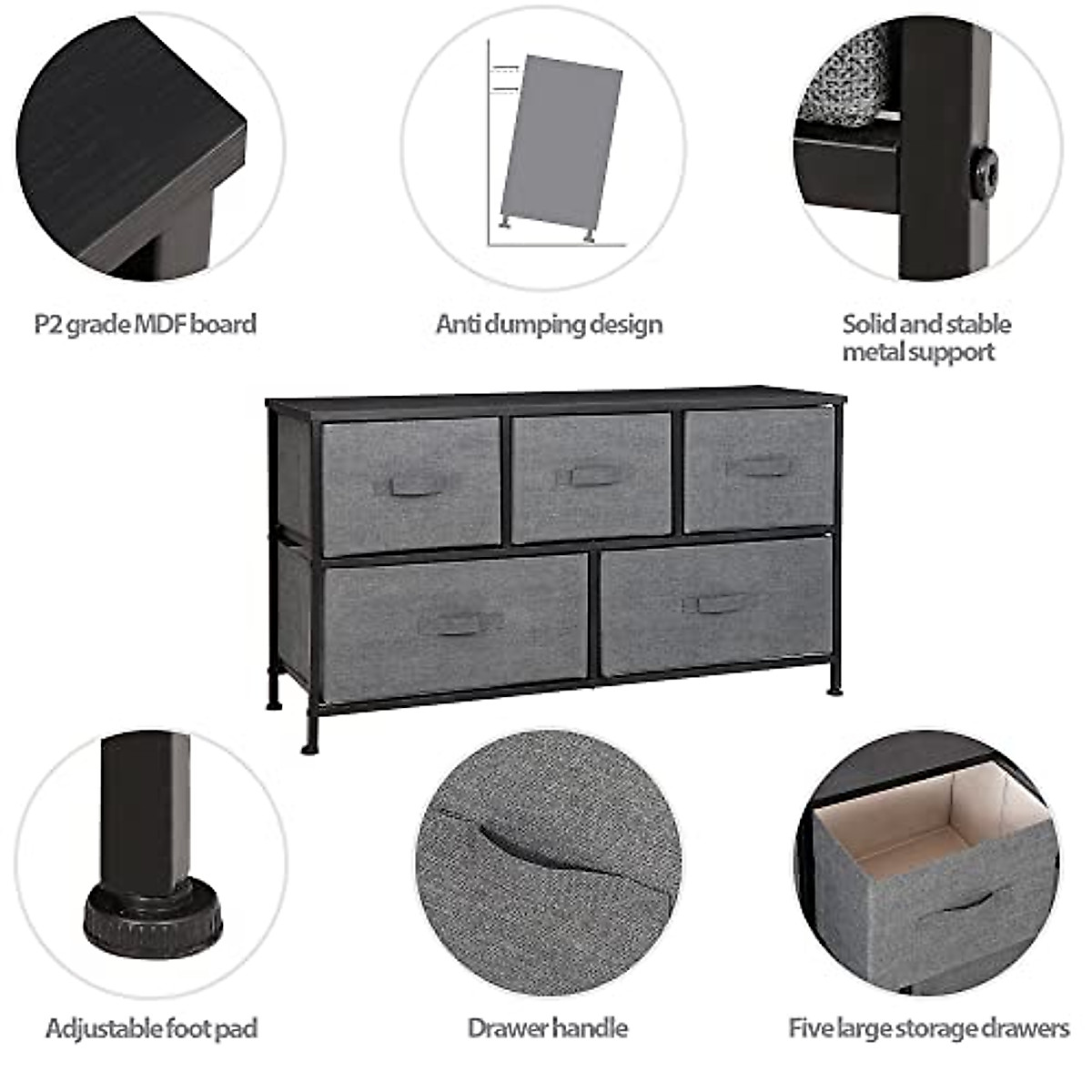 SUPER DEAL 5 Drawer Dresser for Bedroom, Wide Storage Tower Chest with Heavy Duty Steel Frame and Wood Top, Kids Toys Organizer Unit for Livingroom Closet Nursery Hallway, Light Grey