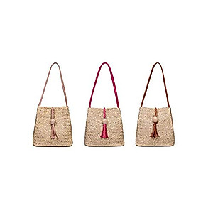 COPYLOVE Handle Straw Bag, Women's Summer Bucket Bag Shoulder Straw Wooden Ball Fringe Messenger Bag Hot (#2)