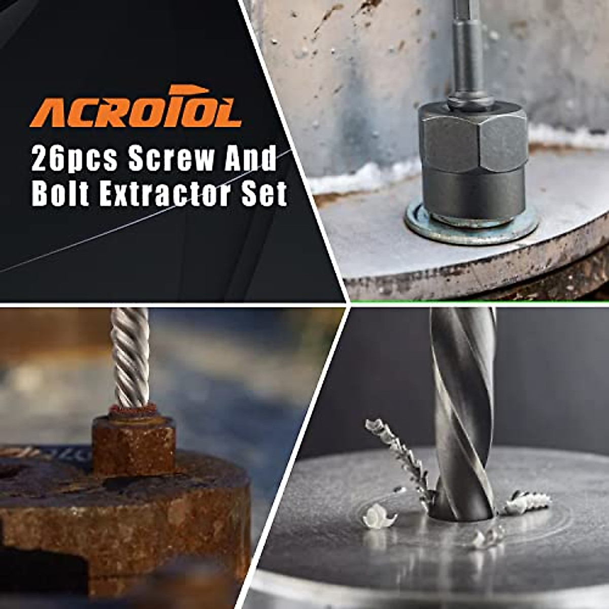 ACROTOL 26 Pieces Bolt Extractor Set, Spiral Screw Extractor Set and Drill Bits, Extraction Socket Set for Removing Damaged, Rusted, Rounded Bolts, Nuts and Screws