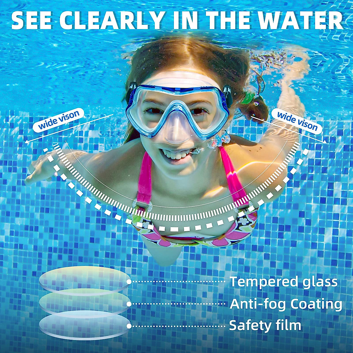 Kids Swim Goggles for Boys Girls Youth Swimming Goggles with Nose Cover Scuba and Silicone Swim Mask Anti-Fog No Leak 180° Panoramic Clear View Tempered Glasses Water Pool Goggles for Teens 6-14 8-12