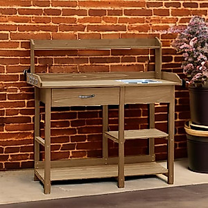 MUPATER Potting Bench Garden Table for Outdoors with Removable Stainless Sink, Planting Work Bench with Storage Shelves and Drawer, Natural Wood