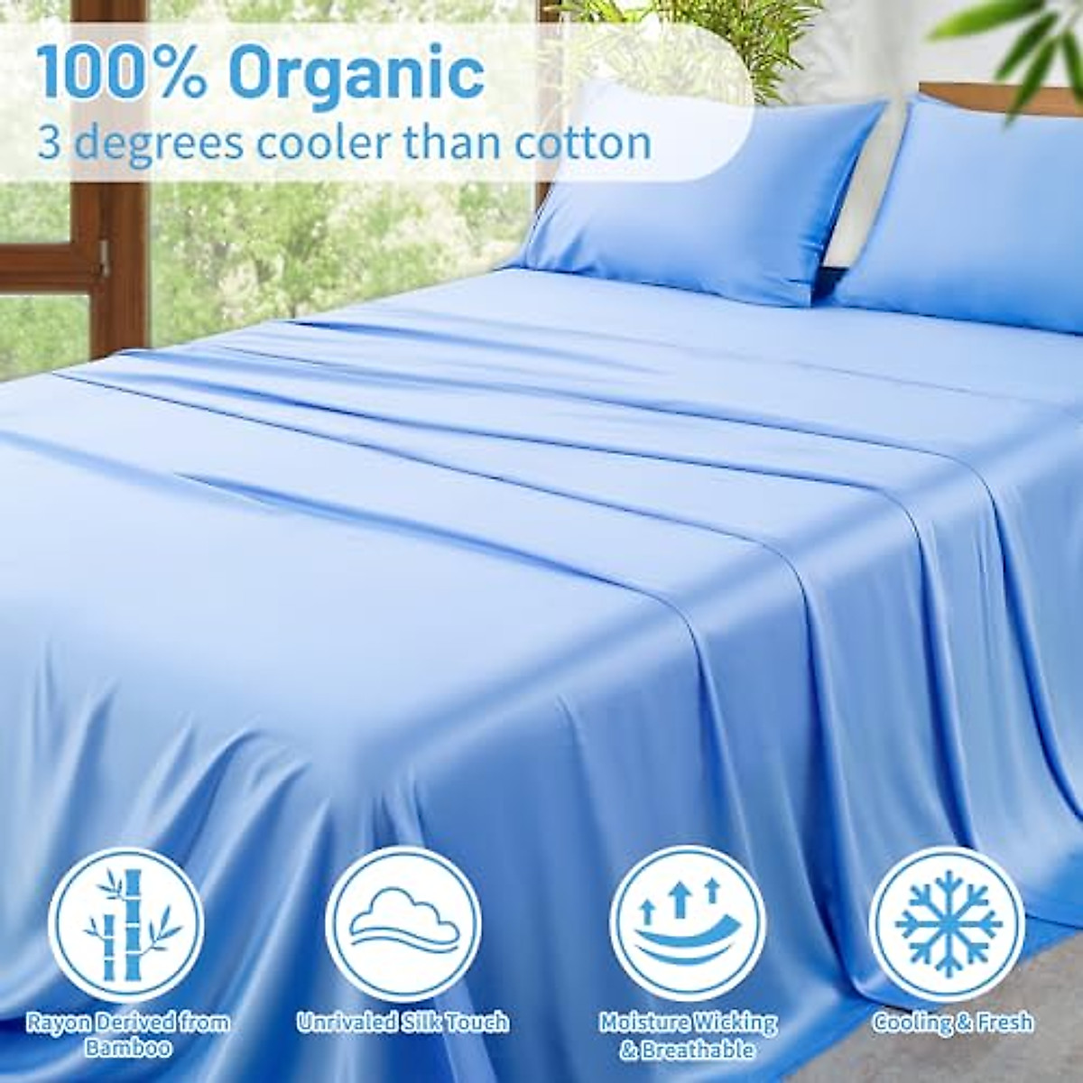 MEISHANG Bamboo Viscose Sheets Queen Size - 100% Organic Viscose,400TC Cooling Luxury Sheet Set with 16" Deep Pockets - 4 Pieces(Blue)