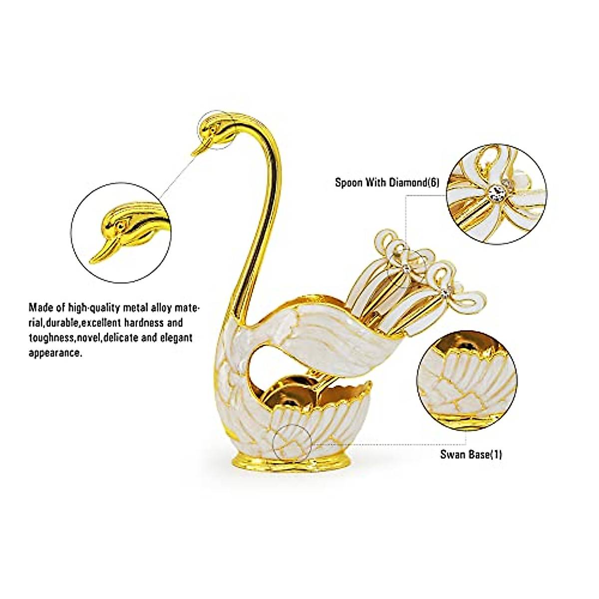 Flylin Coffee Spoon Holder Coffee Dessert Spoon Set Metal Swan Base Holder Spoon Organizer with 6pcs Ice Cream Spoons Teaspoons Coffee Dessert Flatware (Gold)