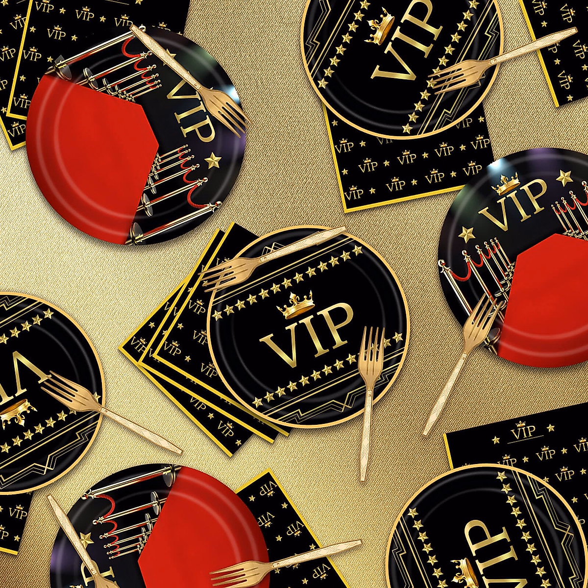 96Pcs VIP Party Supplies Disposable Red Carpet Event Plates and Napkins Fork Tableware Set Cine Film Show Celebrity Activity Graduation Prom Birthday Party Decorations Serves 24 Guests