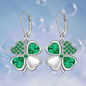 St Patricks Day Shamrock Earrings for Women Sterling Silver Four Leaf Clover Earrings Green Heart Cubic Zirconia Valentine Mothers Day Irish Shamrock Gifts