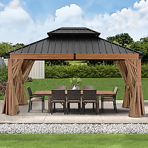 ABCCANOPY Hardtop Gazebo 12x16 - Outdoor Metal Hard Top Gazebo, Permanent Galvanized Steel Aluminum Framed Pavilion with Netting and Curtain for Patio Backyard Lawn Garden (Double Roof, Wood Grain)
