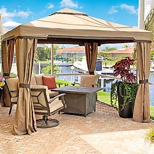 SUNCROWN 10 x 10 FT Outdoor Gazebo for Patio Iron Frame Garden Permanent Gazebo with Vented Soft Canopy and Mosquito Netting, Brown