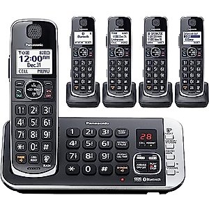 Panasonic Link2Cell Bluetooth DECT 6.0 Expandable Cordless Phone System with Answering Machine and Enhanced Noise Reduction - 5 Handsets - KX-TGE675B (Black)