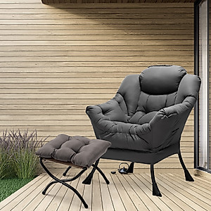 HollyHOME Fabric Lazy Chair with Foldable Ottoman, Accent Comfy Lounge Arm Chair and Folding Footrest Stool Set, Leisure Sofa Reading Chair and Footstool for Living Room, Bedroom, Dorm, Dark Grey