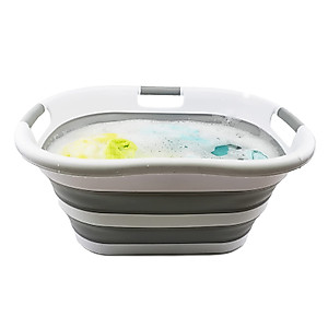 SAMMART 40L (10.5 Gallon) Collapsible Plastic Laundry Basket - Foldable Pop Up Storage Container/Organizer - Portable Washing Tub - Space Saving Hamper/Basket (1, White/Grey)