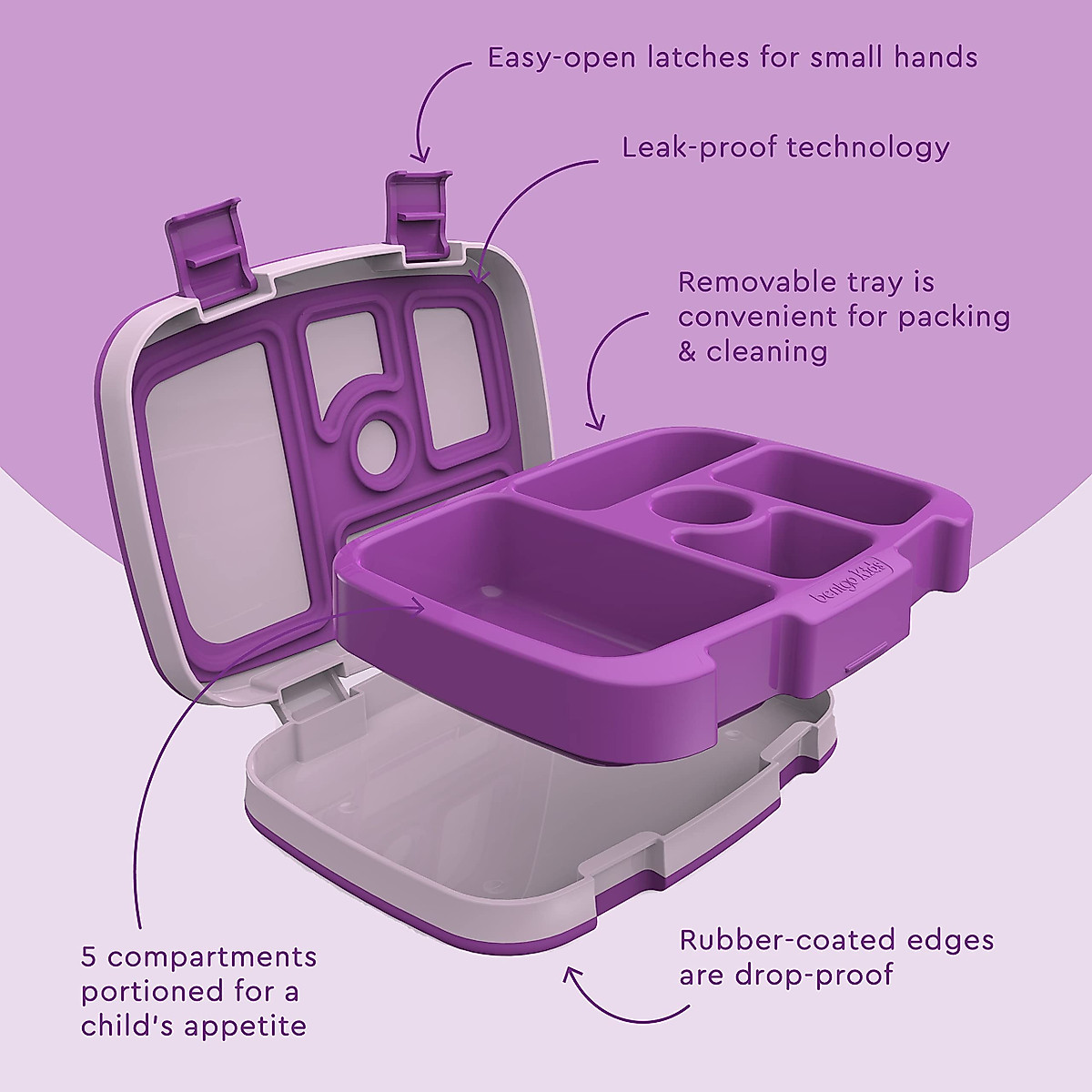 Bentgo® Kids Bento-Style 5-Compartment Lunch Box - Ideal Portion Sizes for Ages 3 to 7 - Leak-Proof, Drop-Proof, Dishwasher Safe, BPA-Free, & Made with Food-Safe Materials (Purple)