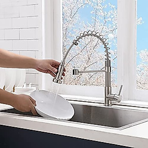 SHACO Commercial Brushed Nickel Kitchen Faucet with Pull Down Sprayer, Modern Stainless Steel Single Handle Spring Kitchen Faucets for Farmhouse Outdoor RV Camper Laundry Prep Wet Bar Sink 1 Hole