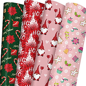 GIOLAINY Christmas Wrapping Paper for Kids Boys Girls Baby Men Women - Xmas Gift Wrap Contain Red Trees, Pink Santa, Snowflakes, Green "Merry Christmas" with Holly Design - 6 Sheets (29*42 Inch per
