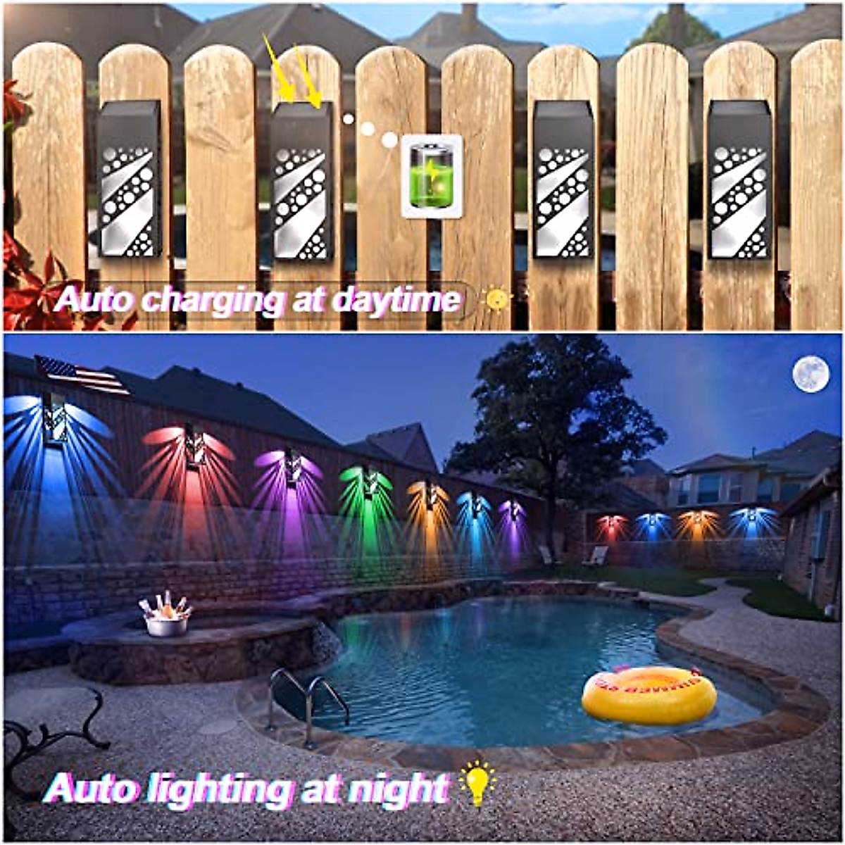 Aulanto Solar Fence Lights, 4 Pack Waterproof Solar Wall Lights with RGB & Warm White Mode, Backyard Decorative Garden Lights with Auto On/Off, Perfect for Fence, Backyard, Garden, Front Door, Patio.