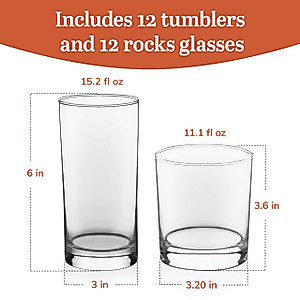 Libbey 55575 Province 24-Piece Tumbler and Rocks Glass Set, Elegant Drinkware Glasses Set with 15.2 Oz Tumbler and 11.1 Oz Rock Glasses, Clear Drinking Glasses Set with Modern Lines