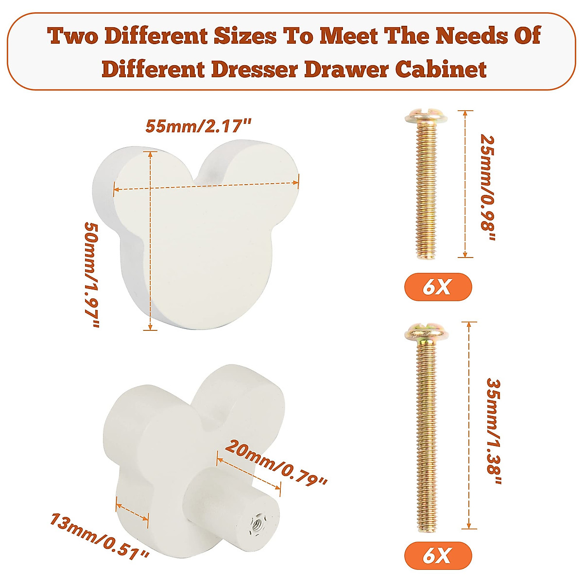 Wooden Mouse Cabinet Knobs with 2 Different Size Screws for Dresser Drawers,Wood Dresser Knobs for Kids Bedroom and Bathroom Decor,Kids Drawer pulls 6 Pack,Nursery Dresser knobs for Kids