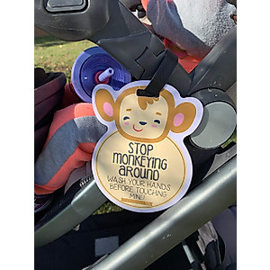 THREE LITTLE TOTS – Animal Theme No Touching Baby Car Seat Sign or Stroller Tag - CPSIA Safety Tested (Monkey)