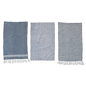 Creative Co-Op Cotton Blend Patterns and Fringe, Set of 3 Styles, Blue and White Tea Towel