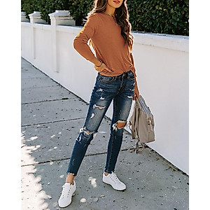 Sherosa Womens Long Sleeve Tops Dressy Casual Fall Crew Neck Solod Color Basic T-Shirts Burnt Orange,M