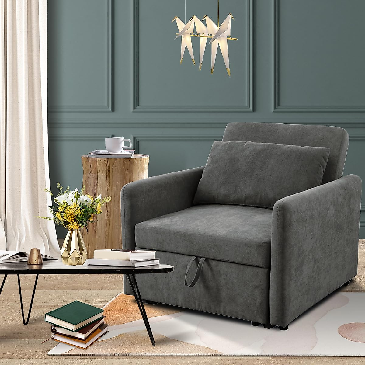 Mlxgoie Convertible Sofa Bed Chair, 3-in-1 Multi-Functional Sleeper Single Futon Chair Bed with Modern Linen Fabric & Tufted Pillow for Compact Living Room, Apartment, Dorm - Grey