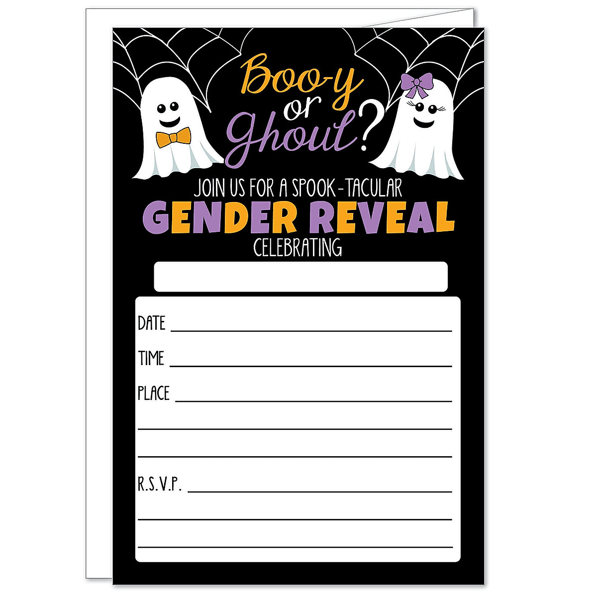 20 Ghost Ghoul or Boo-y Gender Reveal Invitations with Envelopes - Purple and Orange