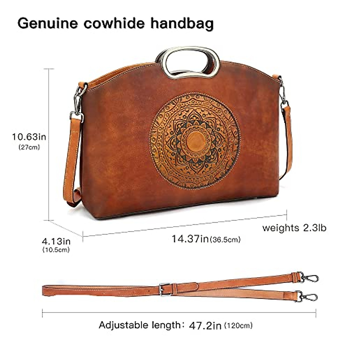 ah arctic hunter Genuine Leather Handbags for Women, Organizer Crossbody Bag Large Satchel Vintage Embossing Totem Shoulder Bag (brown)