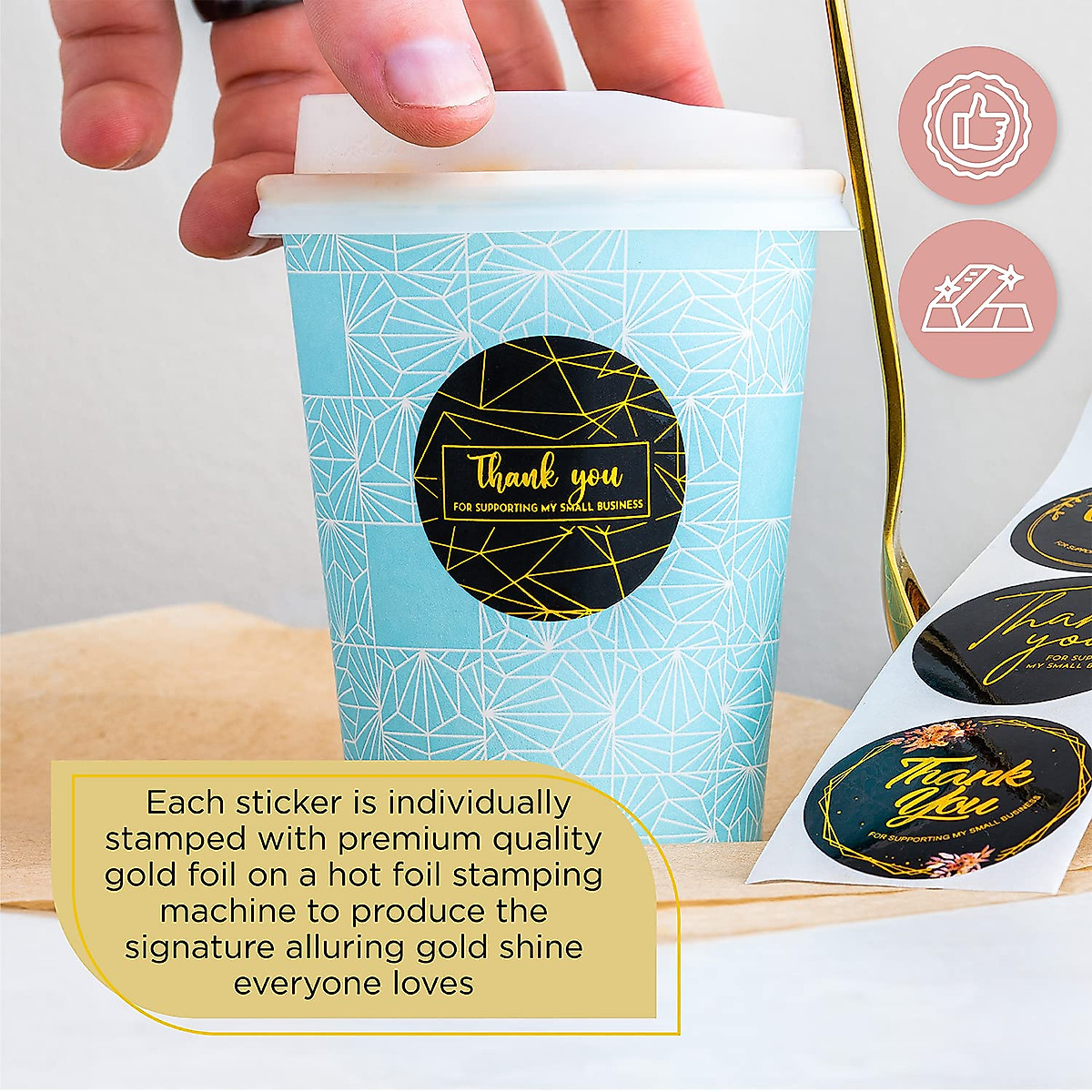 Peachy + Peony - 1.5 Inch Thank You Stickers Small Business - 500 Waterproof Gold Foil Thank You Labels for Packaging, Mailers, Etsy, Bakery – Thank You for Supporting My Small Business Stickers Roll