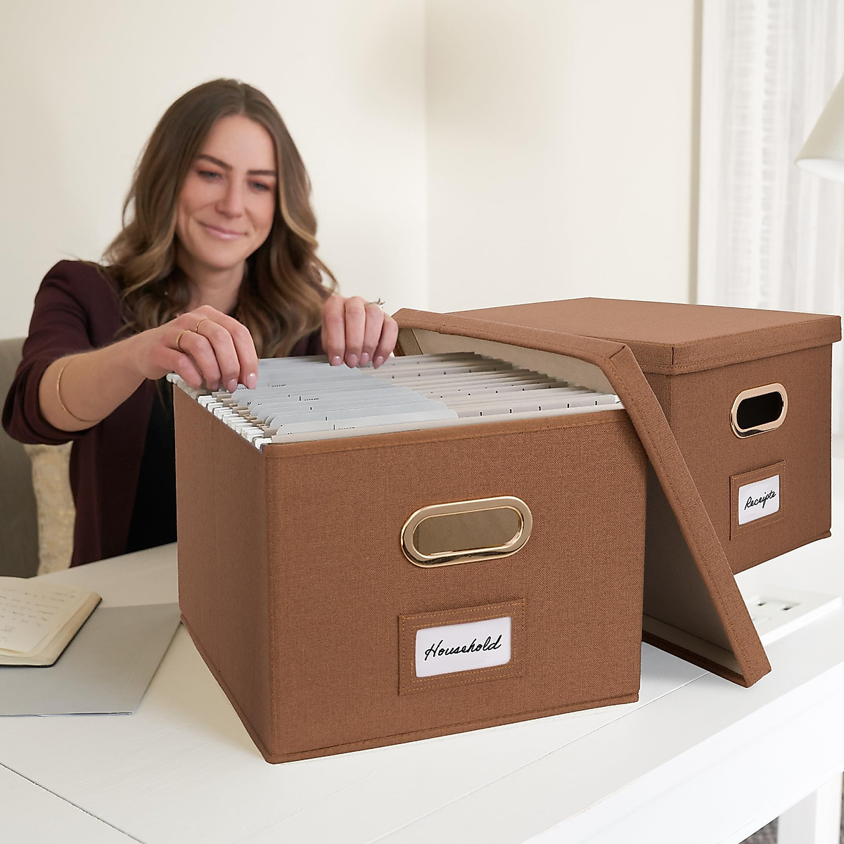 Decorative File Box Organizer Set of 2 - Collapsible Linen File Cabinet for Easy File Folder Storage - Store All Your Documents and File Folders in Style