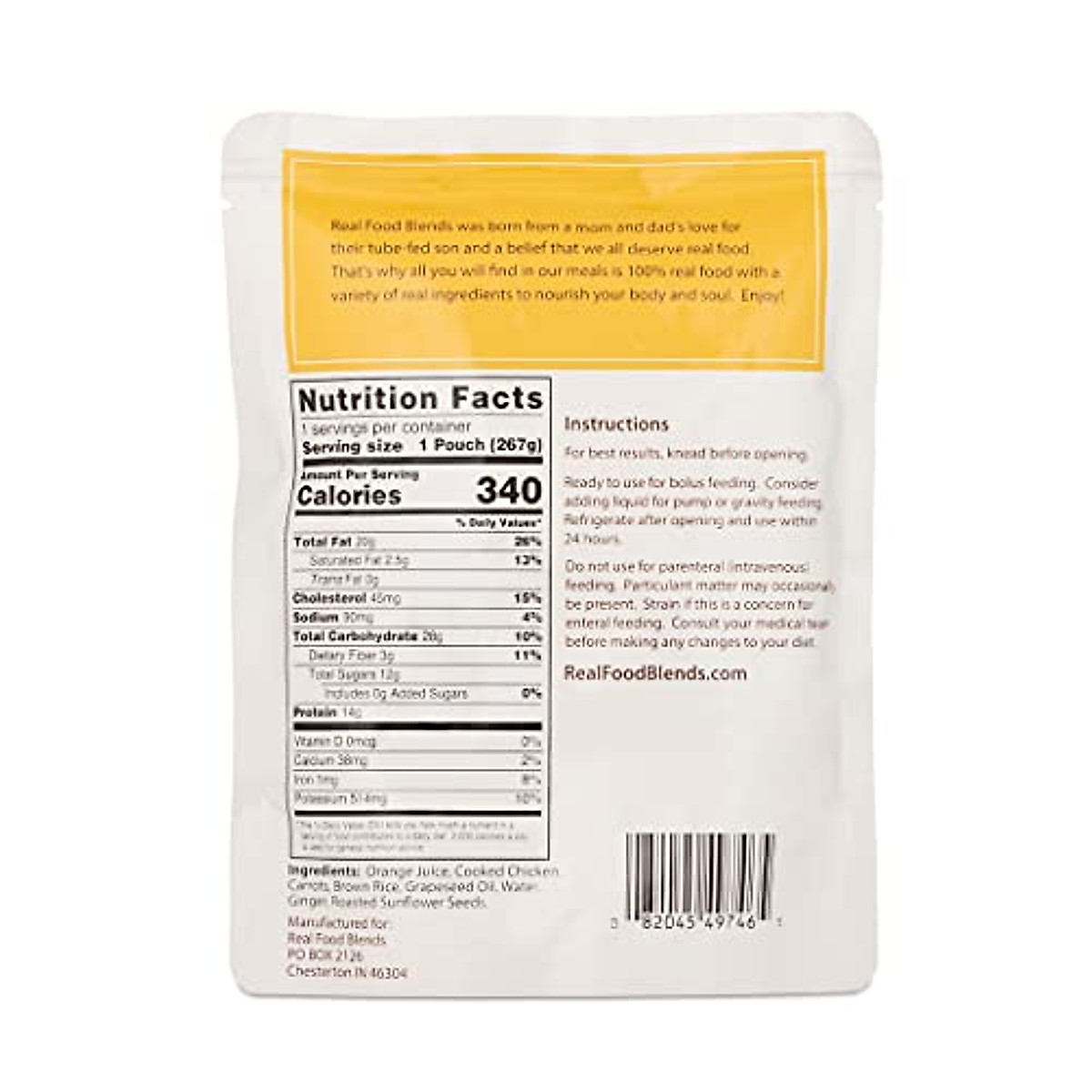 Real Food Blends Chicken, Carrots & Brown Rice - Pureed Food Meal for Feeding Tubes, 9.4 oz Pouch (Pack of 12 Pouches)